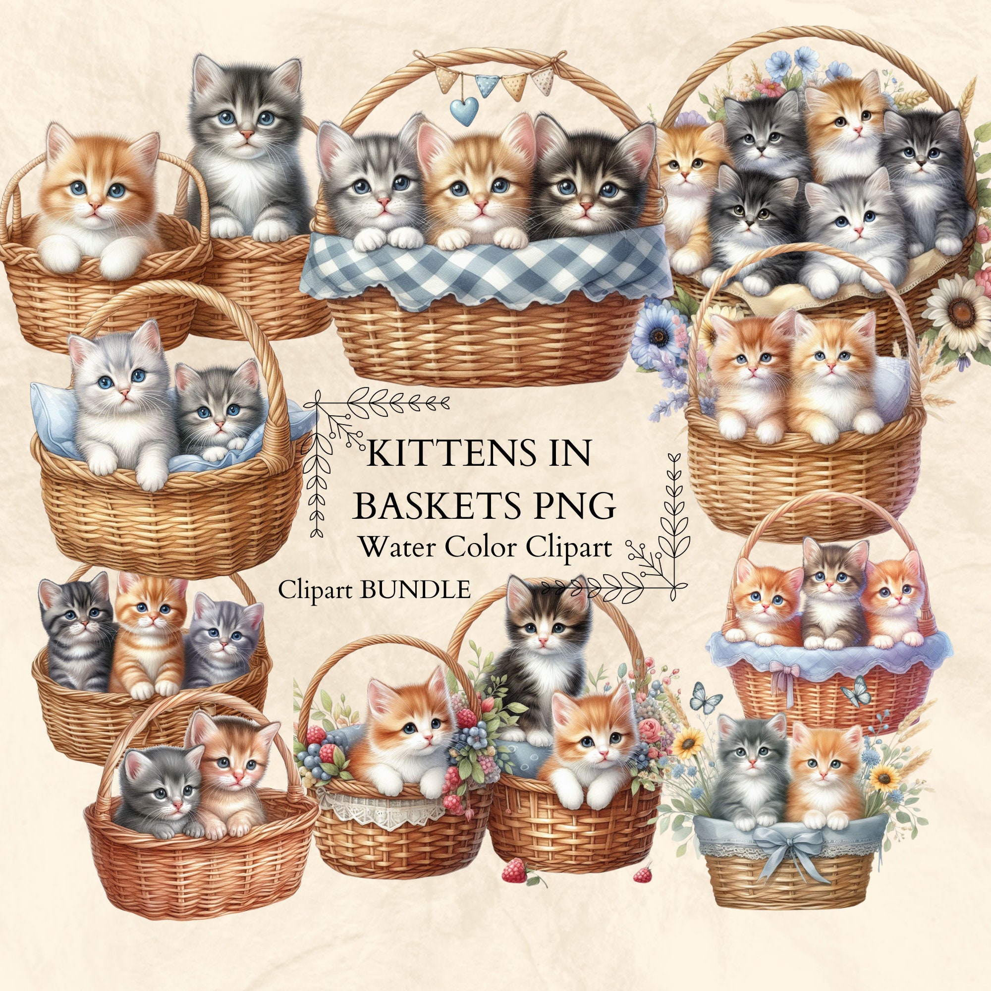 Kittens in Baskets Watercolor Clipart PNG Beautiful Quick Download ...