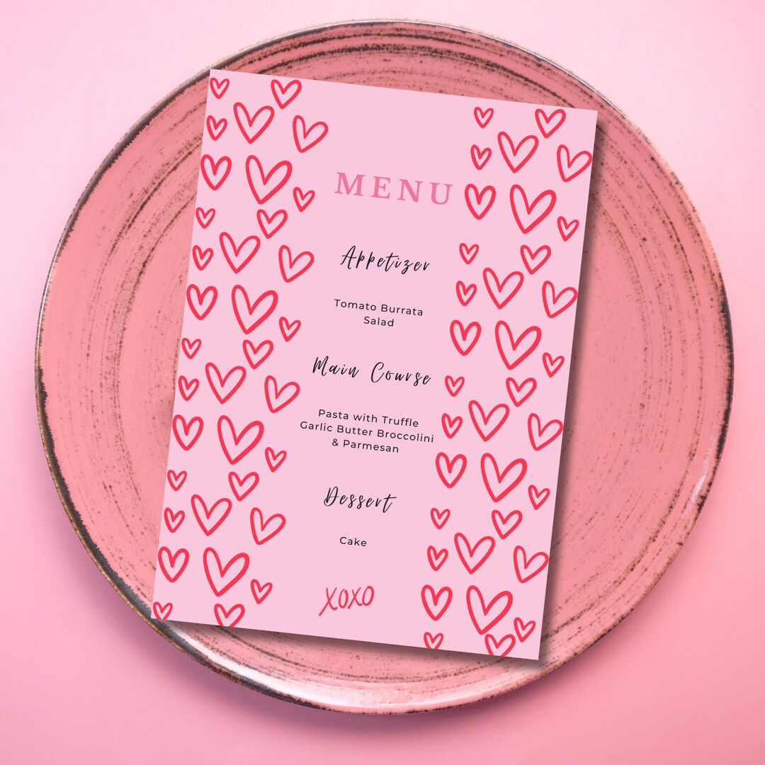 Valentines Day Menu, Heart Menu Design, Galentine's Day, Dinner Menu ...