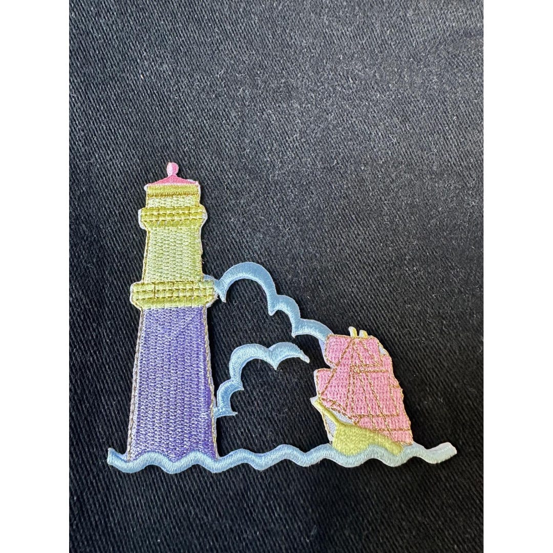 Vintage Nautical Lighthouse Sailboat Iron‑on Patch Embroidered Purple ...