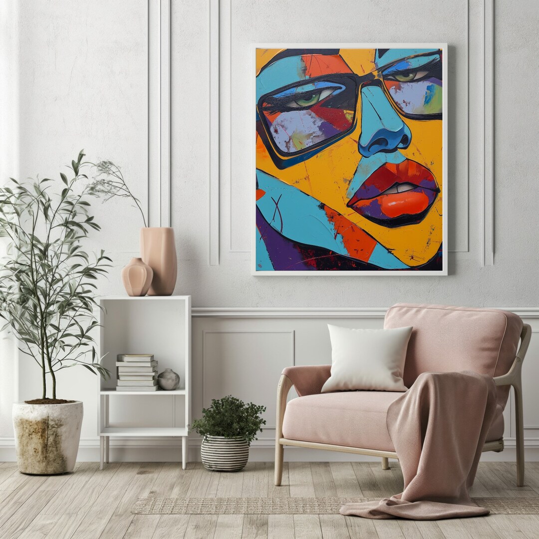 Eclectic Pop Art Portrait, Bold Geometric Color Block, Chic Eyeglasses ...