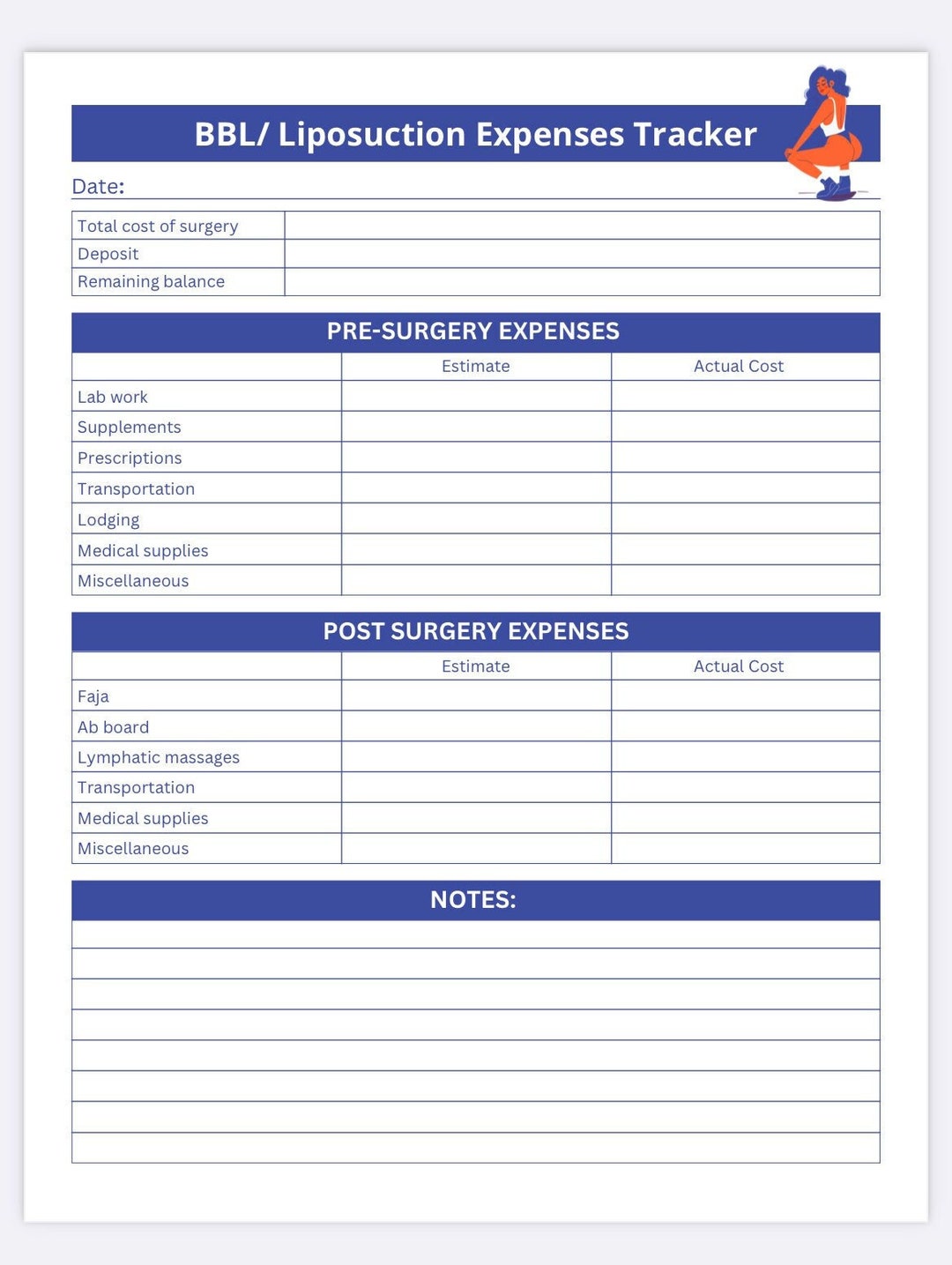 Bbl/liposuction Printable Expenses Tracker - Etsy