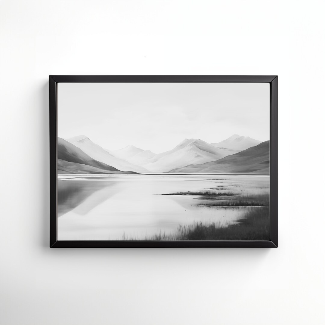 Printable Lake Landscape With Mountain Reflection in Black & White Made ...