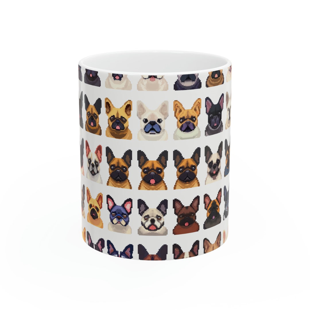 Pixel 8 Bit Style Frenchie Dog Faces Pattern Ceramic Coffee Tea Mug ...