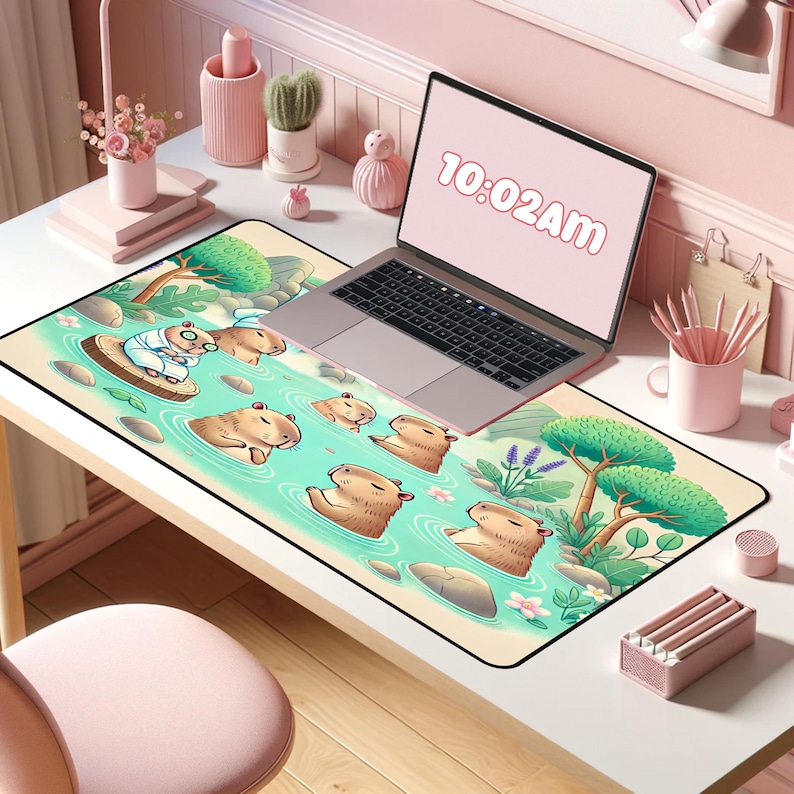 Capybara Spa Day Desk Mat | Cozy Gamer Mouse Pad | Green Lofi Gaming ...