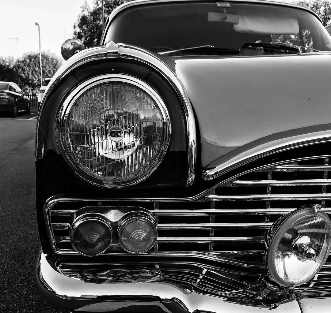 Vintage Elegance: Classic Car Chrome and Headlight Monochrome Digital ...