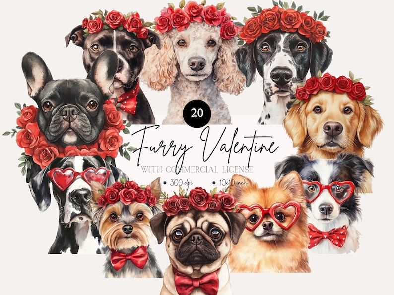 Valentine Dog Clipart: Puppy Art With Roses & Bow Tie (PNG Digital ...