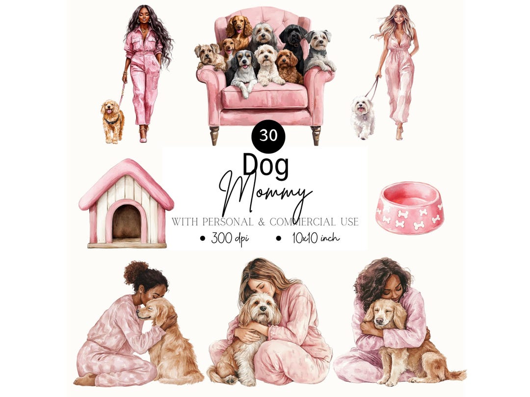 Pink Dog Mom Clipart: Blonde & Black Hair, Planner Stickers (PNG ...
