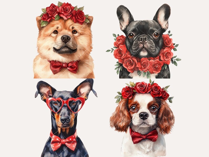 Valentine Dog Clipart: Puppy Art With Roses & Bow Tie (PNG Digital ...