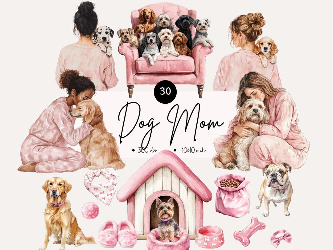 Pink Dog Mom Clipart Collection, Blonde & Black Dog Moms, Pink Dog ...