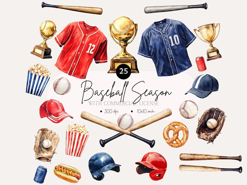 Watercolor Baseball Clipart: Sports Graphics, Bat, Ball, Uniform (PNG ...