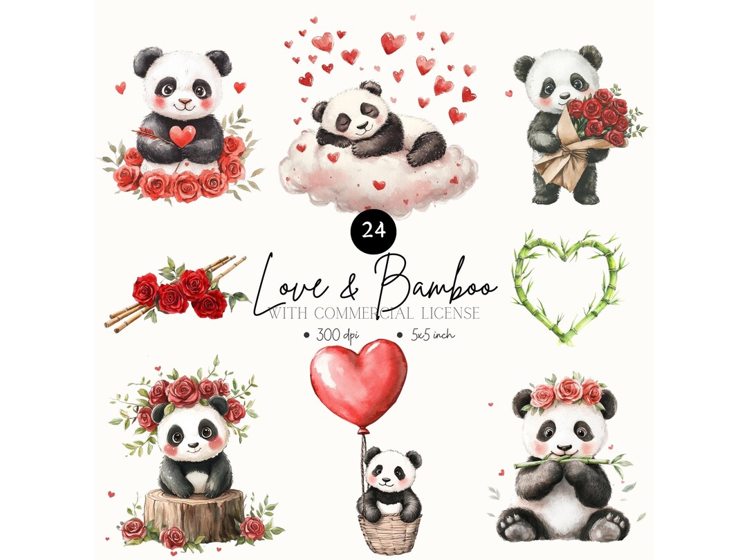 Valentine Panda Clipart: Romantic Kawaii Designs (PNG Files, Digital ...