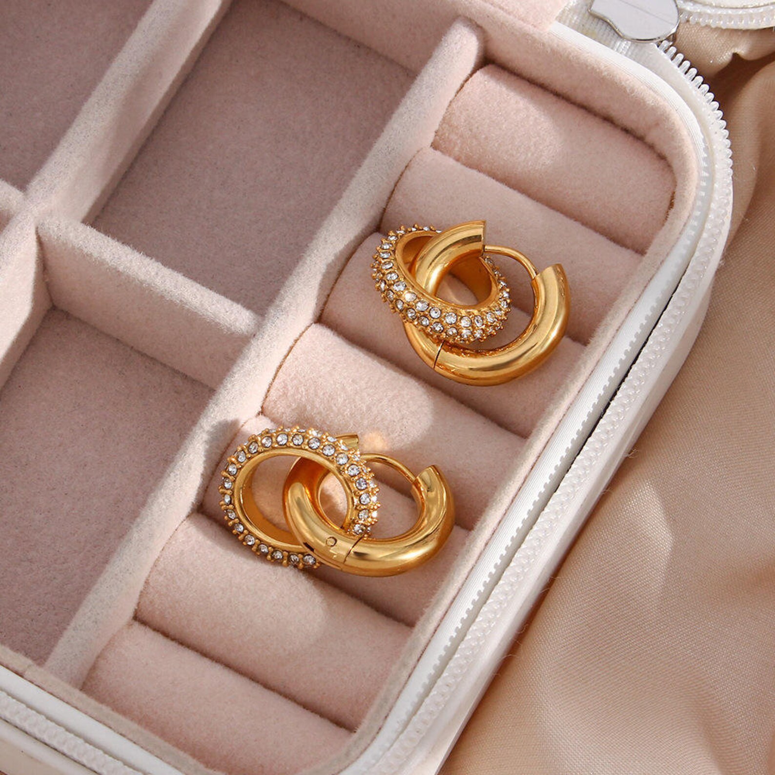 18K Gold Stainless Steel Double Circle Drop Earring Gold Plating Zircon Hoop Diamond Earrings ...