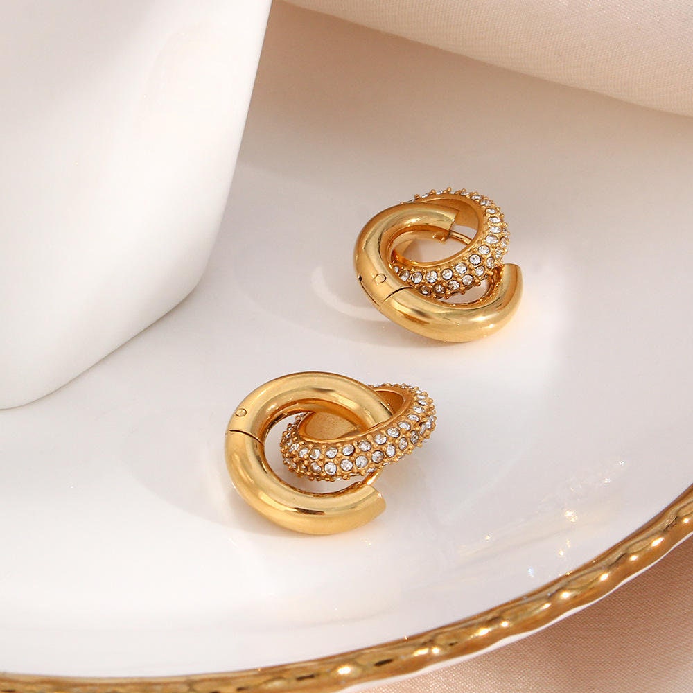 18K Gold Stainless Steel Double Circle Drop Earring Gold Plating Zircon Hoop Diamond Earrings ...