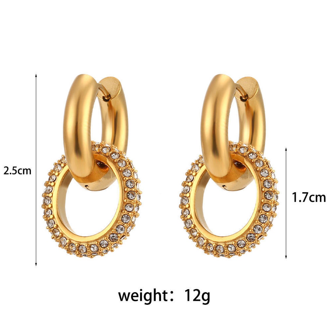 18K Gold Stainless Steel Double Circle Drop Earring Gold Plating Zircon Hoop Diamond Earrings ...