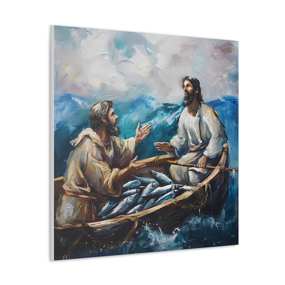 Jesus and Peter Fishing Boat Oil Painting Printed on Square Canvas Life ...