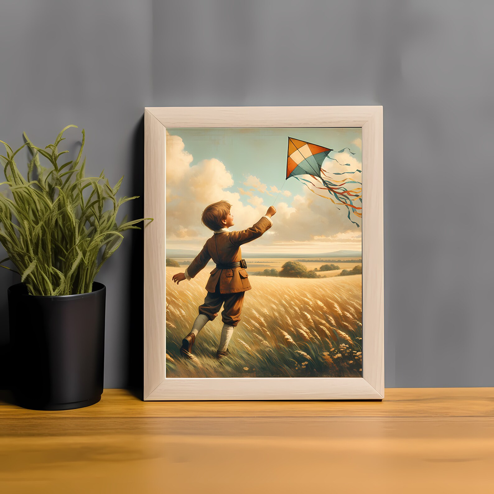 Boy Flying Kite Painting Print Childhood Vintage Oil Painting Printed ...