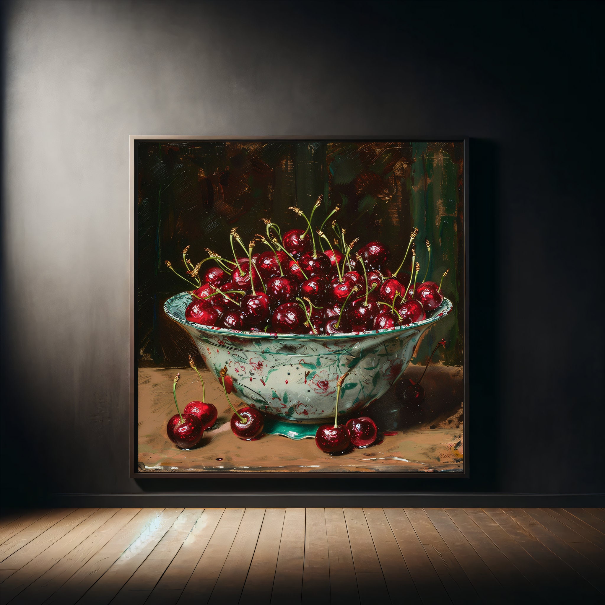 A Bowl Full of Cherries Still Life Painting Printed on Square Canvas - Etsy
