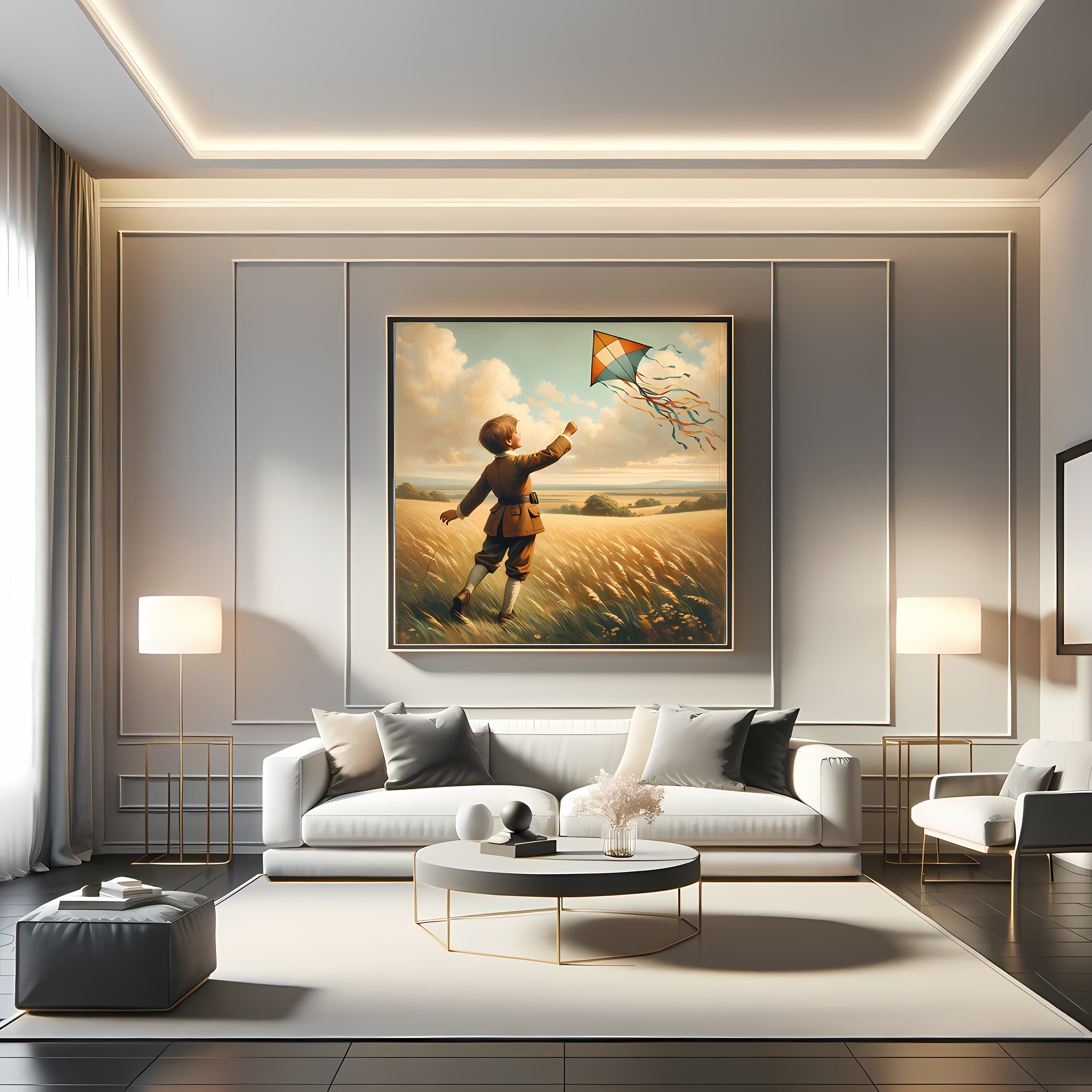 Boy Flying Kite Painting Print Childhood Vintage Oil Painting Printed ...