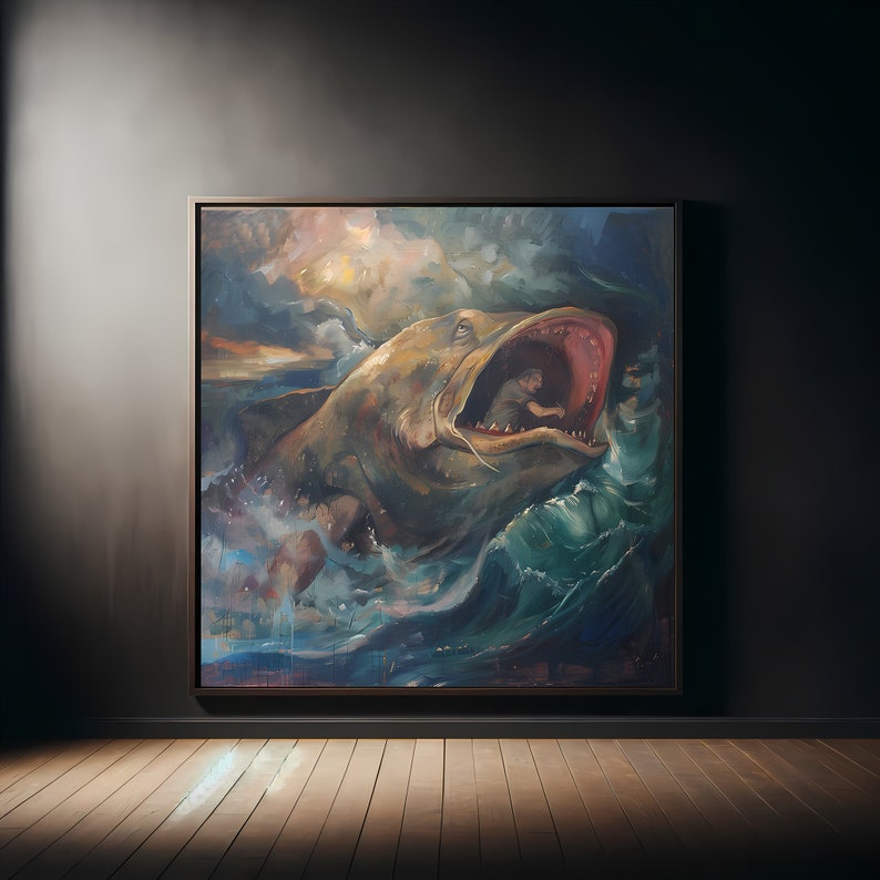 Jonah and the Great Fish Painting Jonah Painting Jonah Whale Biblical Canvas Print Jonah Art ...