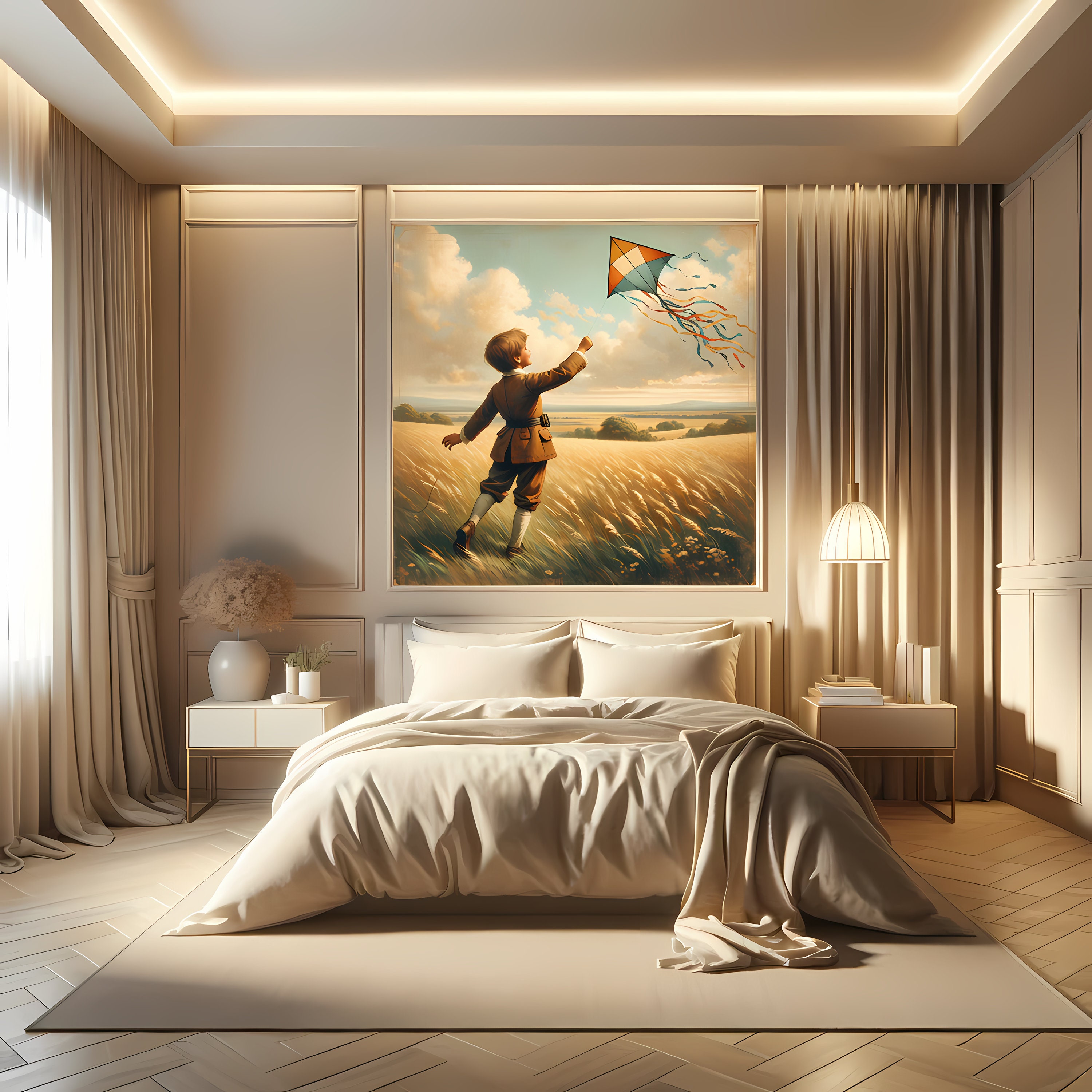 Boy Flying Kite Painting Print Childhood Vintage Oil Painting Printed ...