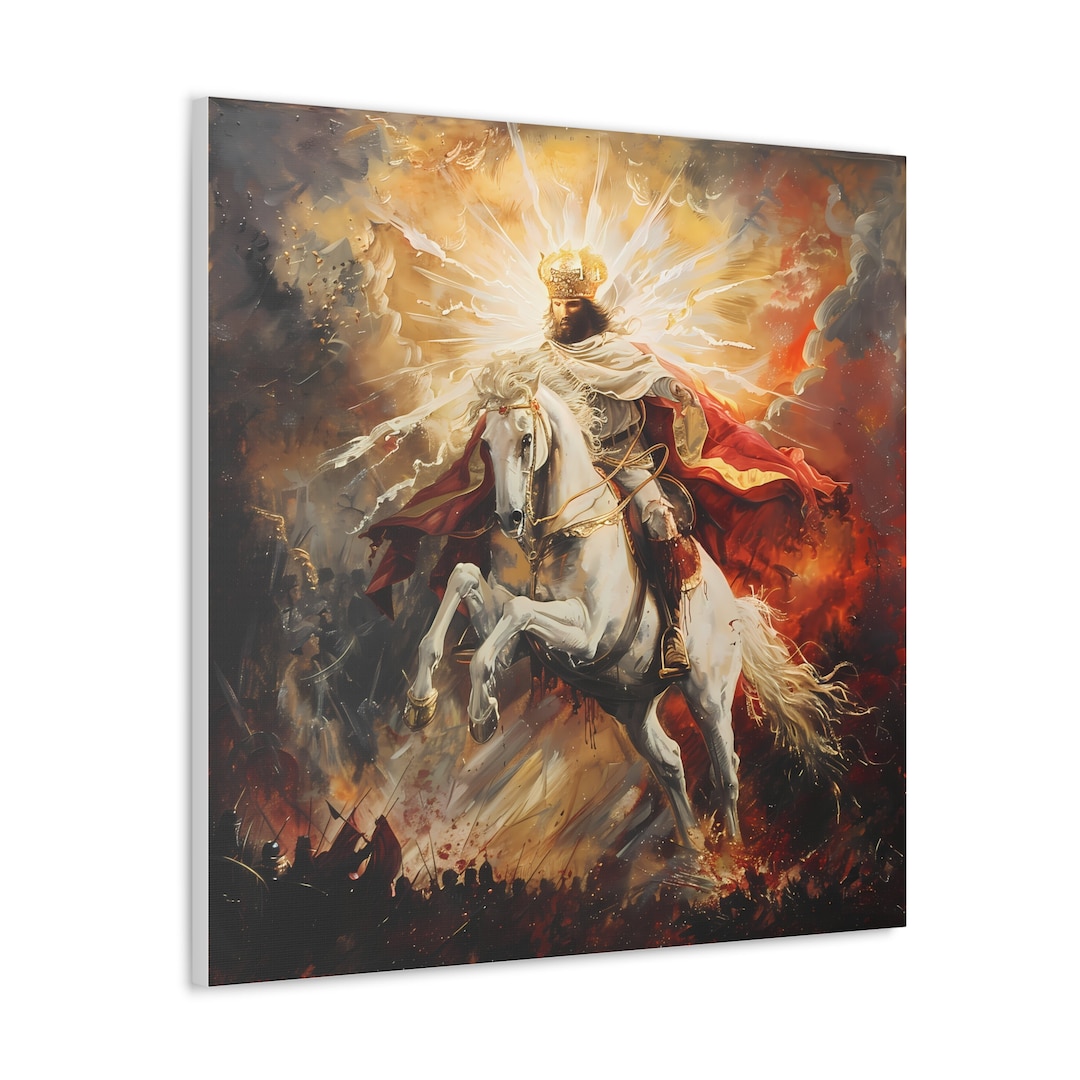 Jesus Christ the Conqueror Riding a White Horse Oil Painting Printed on Square Canvas Bible Art ...