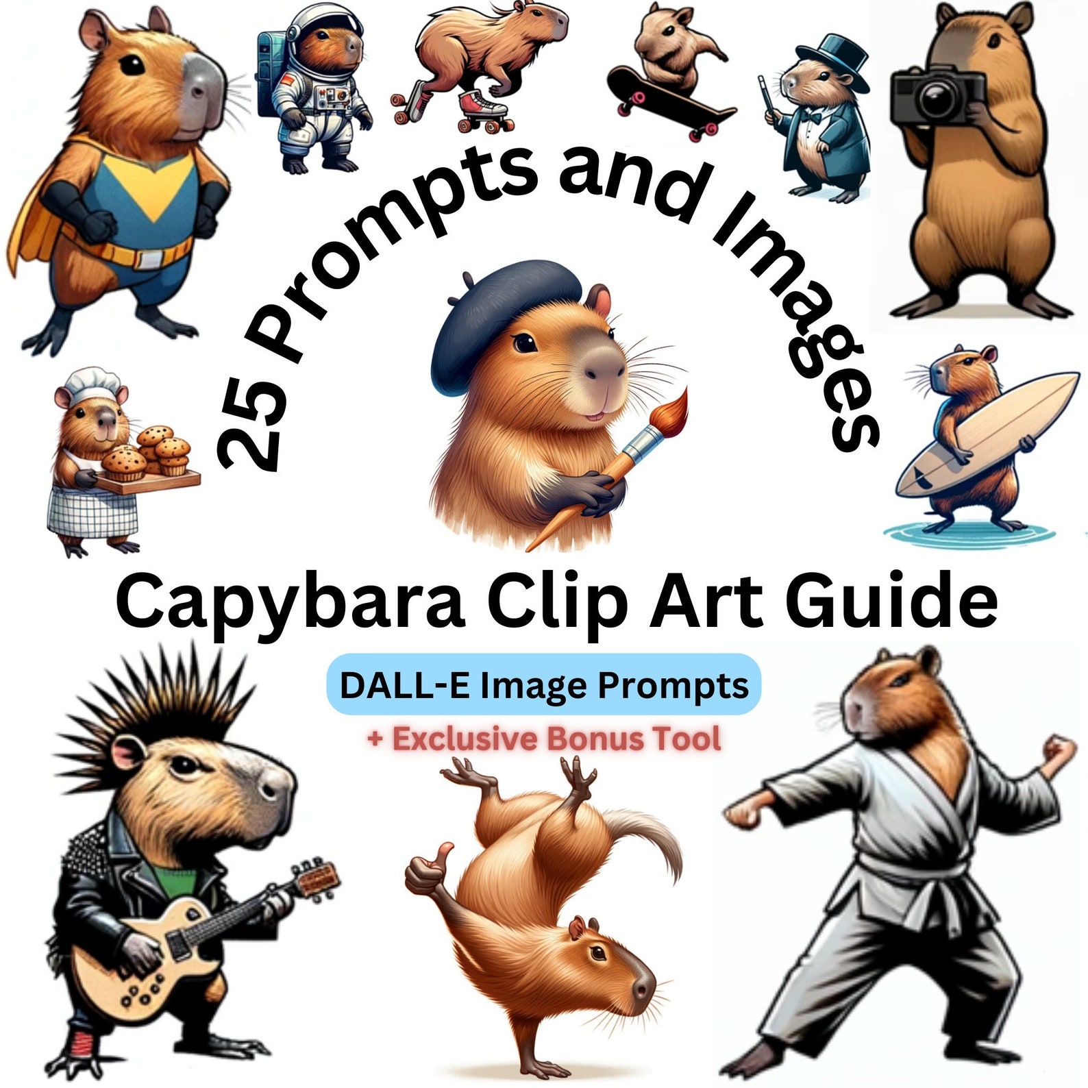 Cartoon Capybara Clip Art DALL-E Image Prompt Guide, 25 Image Prompt ...