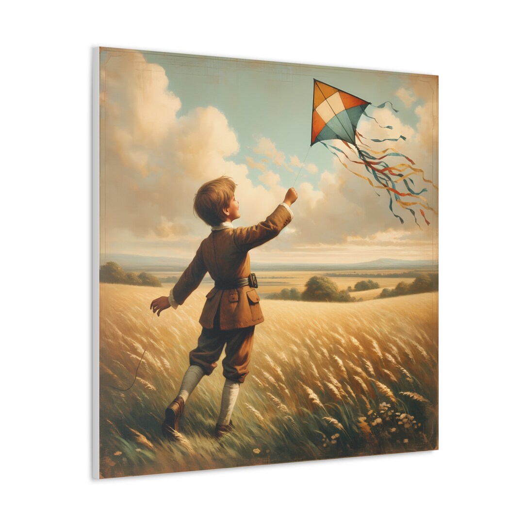 Boy Flying Kite Painting Print Childhood Vintage Oil Painting Printed ...