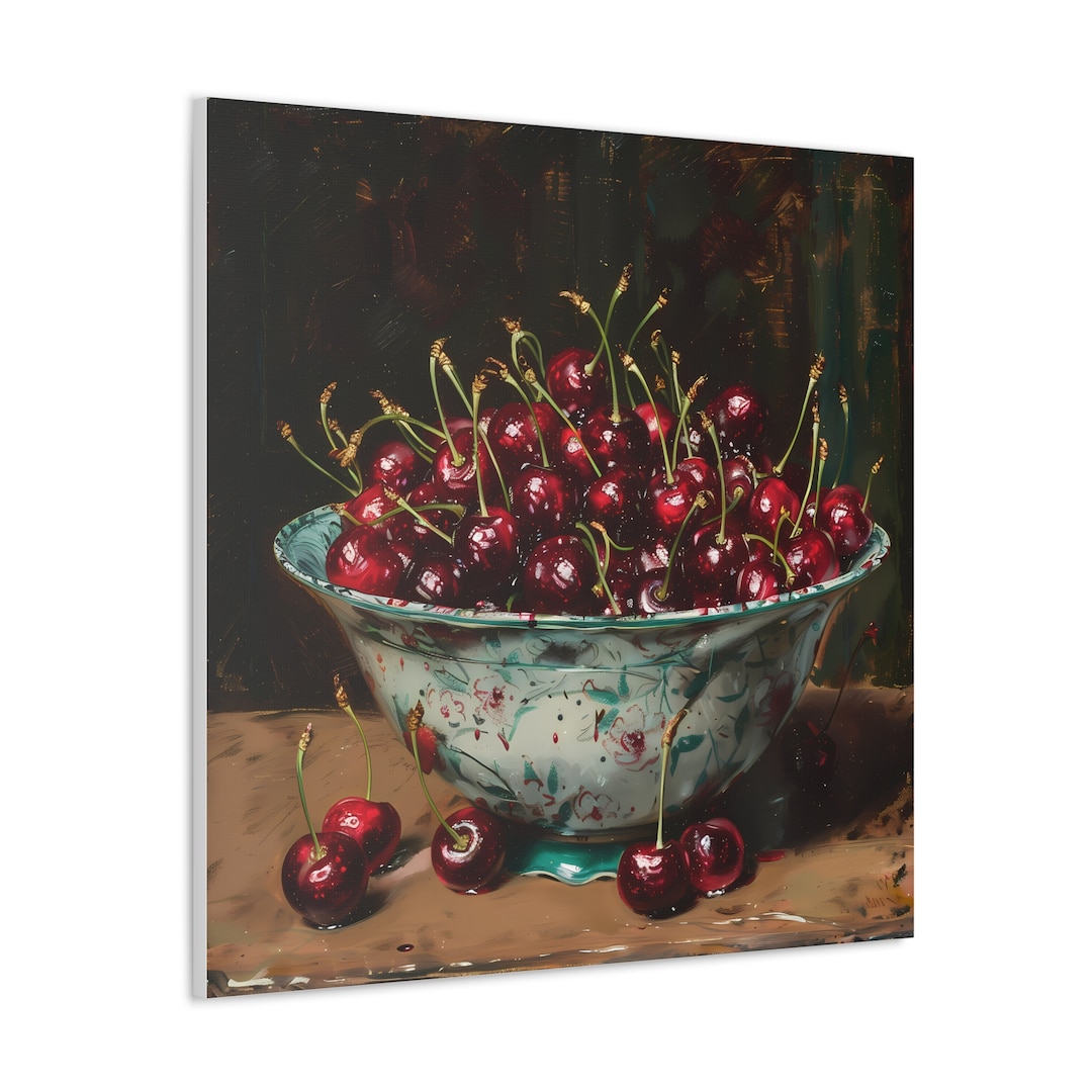 A Bowl Full of Cherries Still Life Painting Printed on Square Canvas - Etsy