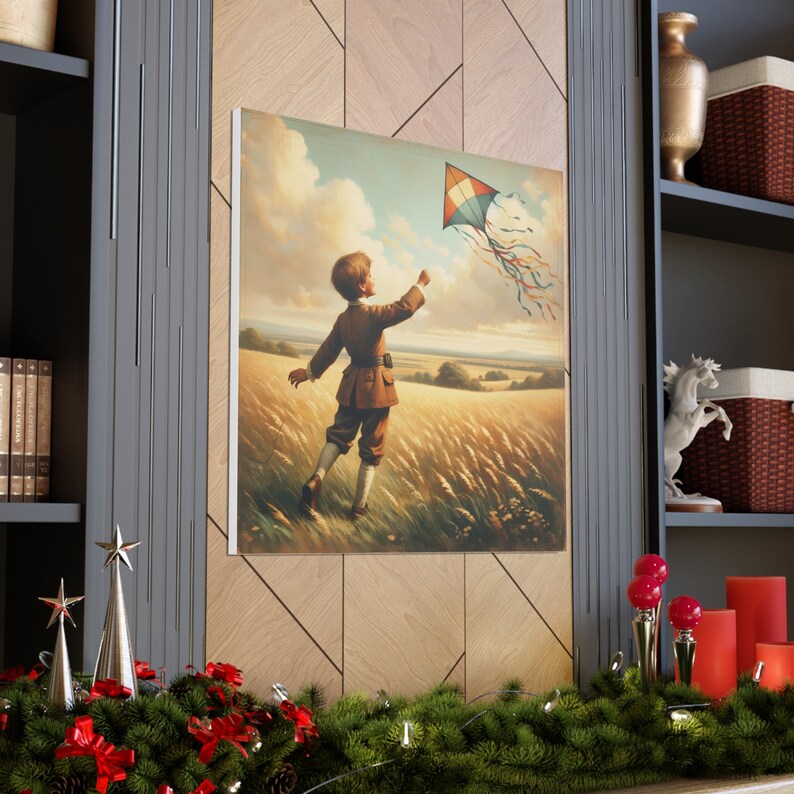 Boy Flying Kite Painting Print Childhood Vintage Oil Painting Printed ...