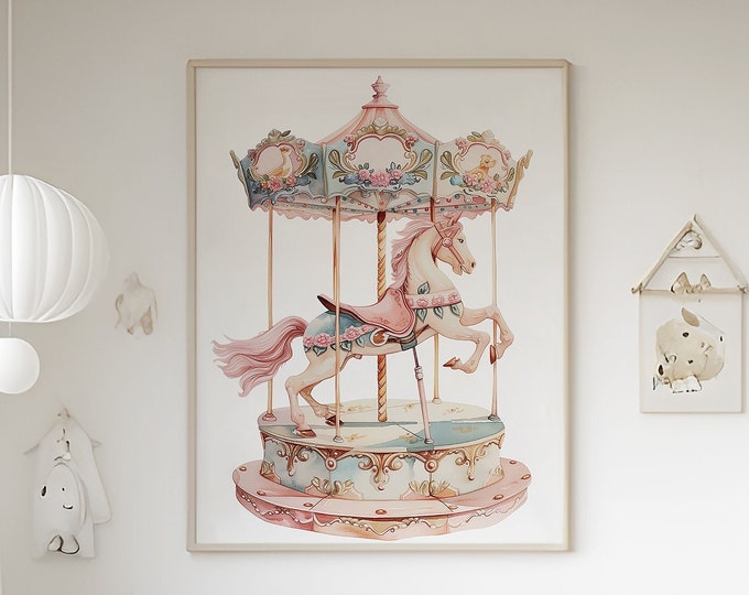 Elephant Carousel Girls Room Nursery Art Print Watercolor Wall Art ...
