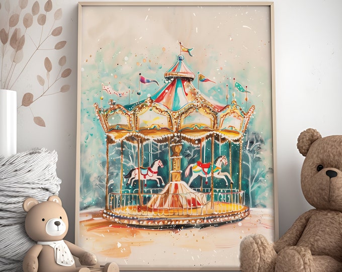 Elephant Carousel Girls Room Nursery Art Print Watercolor Wall Art ...