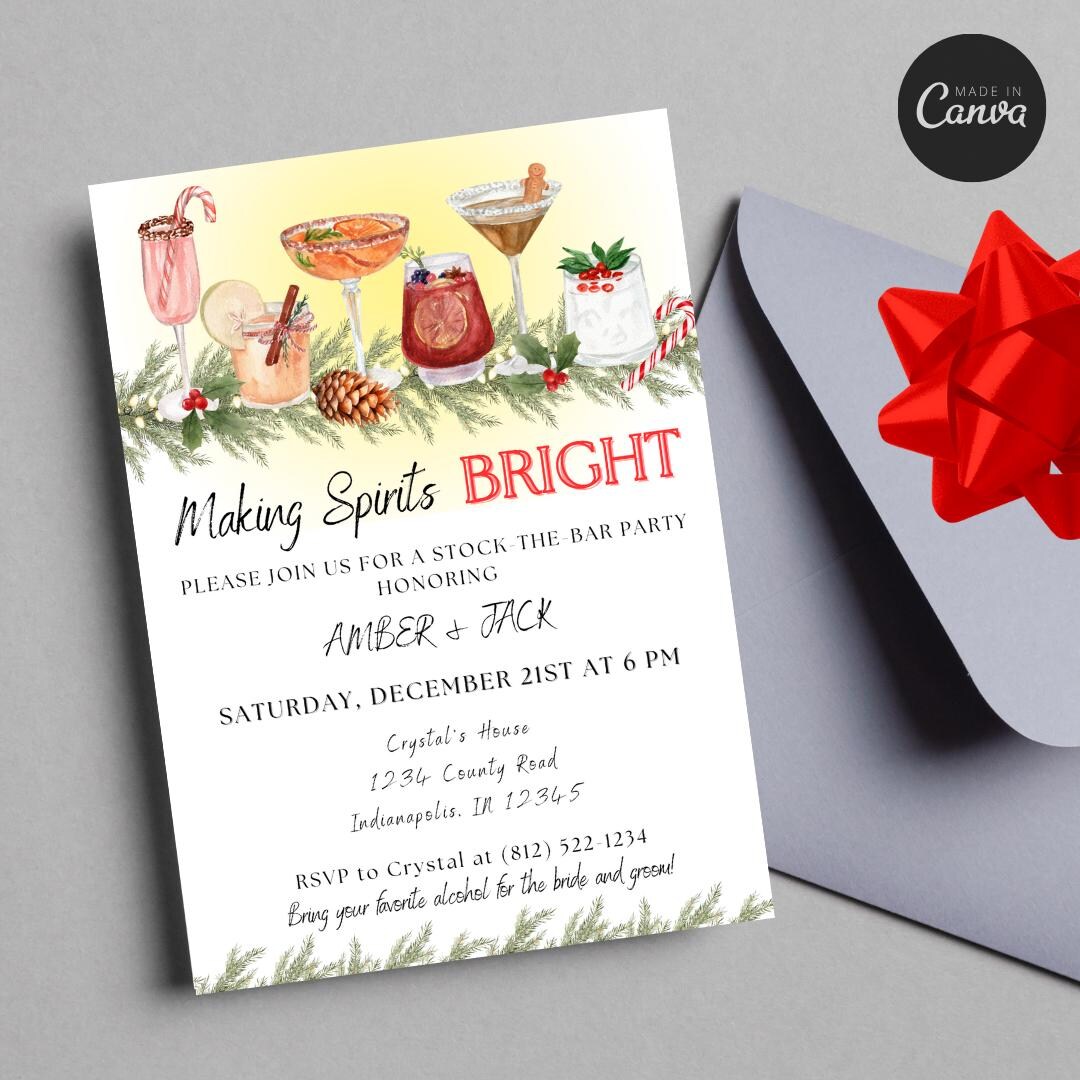 Making Spirits Bright Stock the Bar Party Invitation, Christmas Couples ...