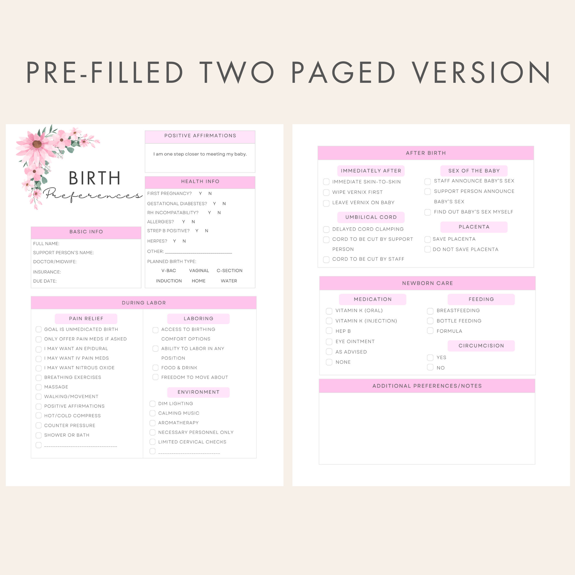 Editable Birth Plan Template | Printable Birth Plan | Editable on Canva ...
