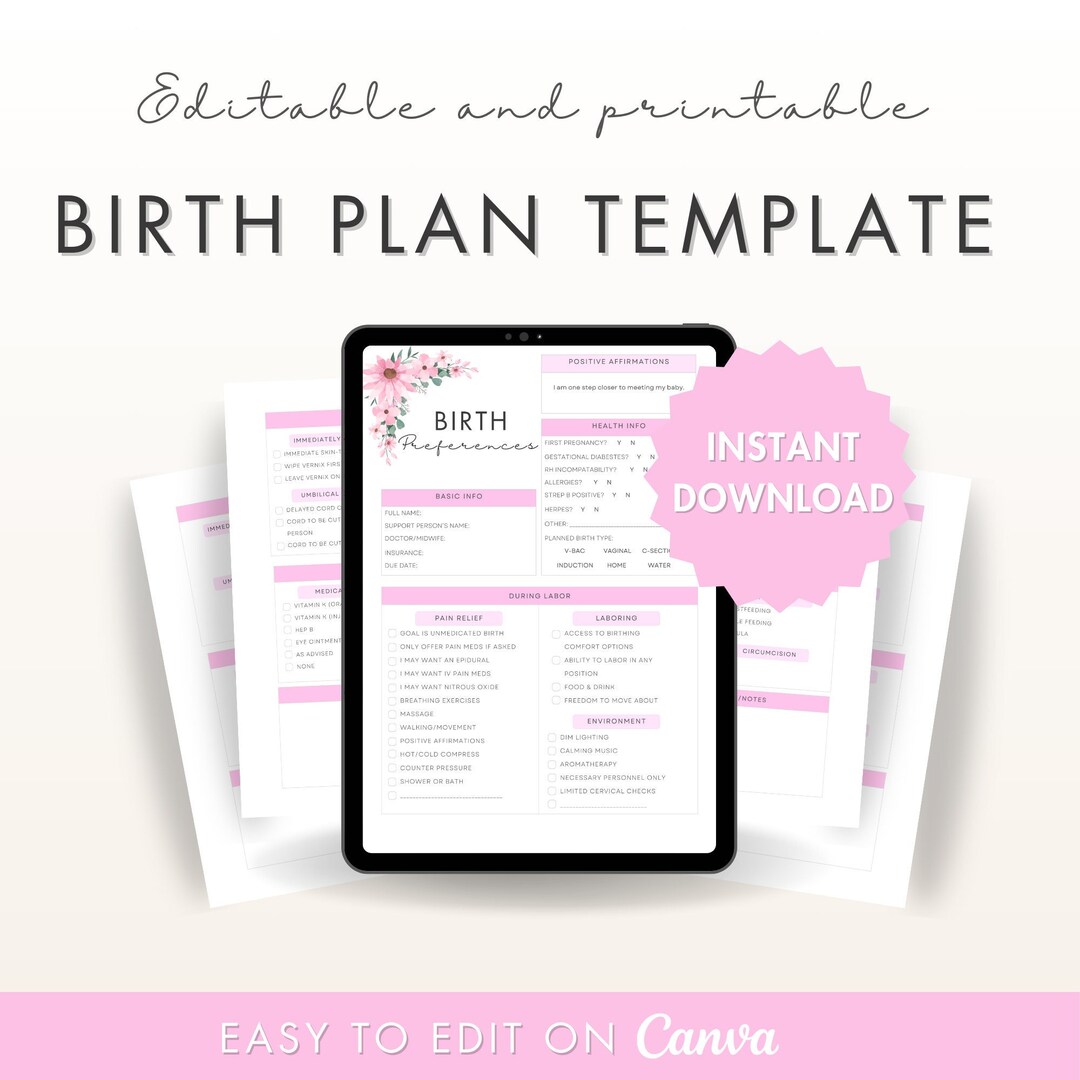 Editable Birth Plan Template | Printable Birth Plan | Editable on Canva ...