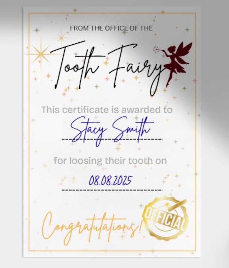 Tooth Fairy Certificate | A4 Printable PDF | Magical Kids Keepsake ...