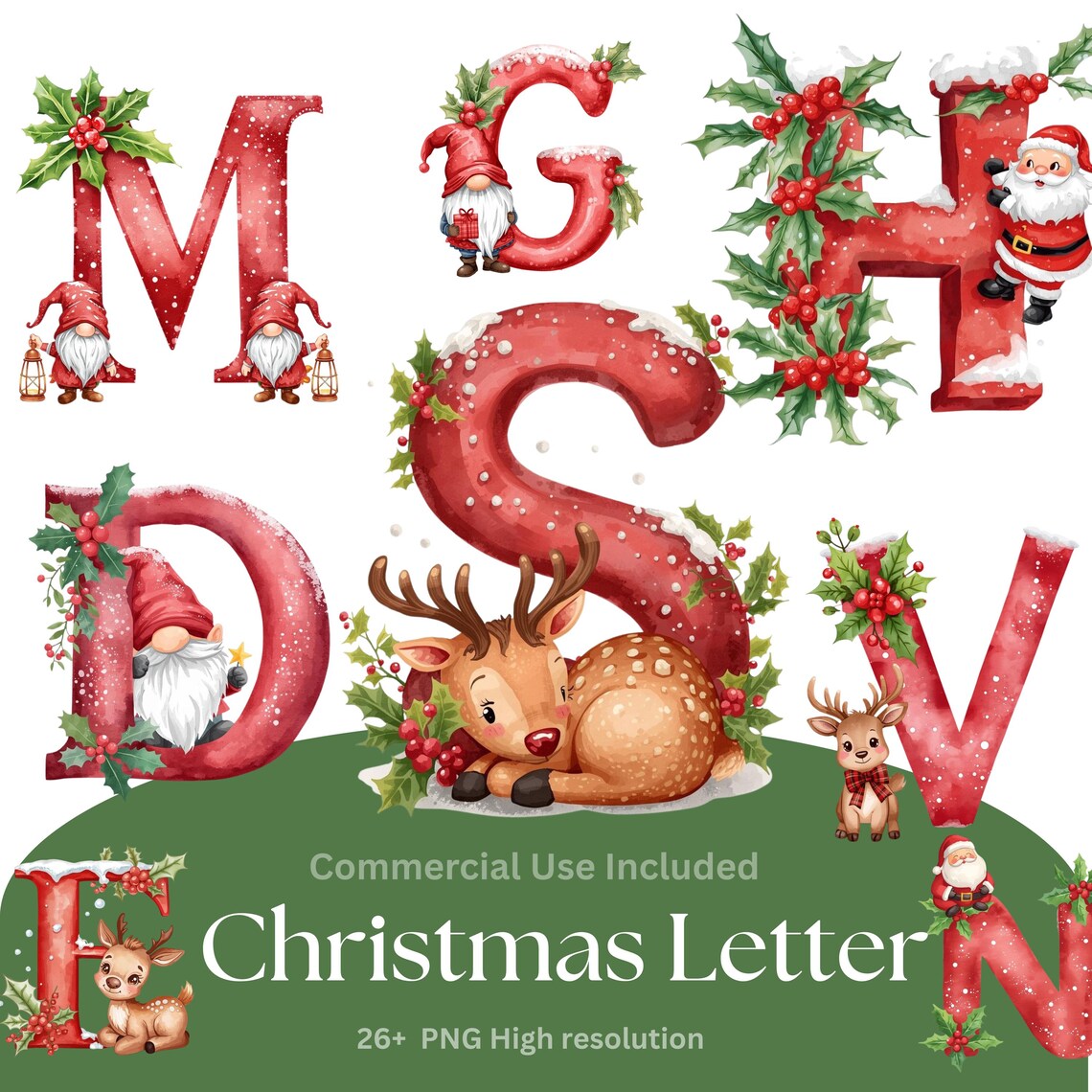 Watercolor Christmas Letters Clipart: Hand-painted Holiday Font ...