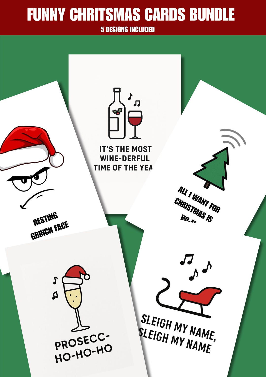 Funny Christmas Cards Bundle: Minimalist Holiday Puns (digital Download ...