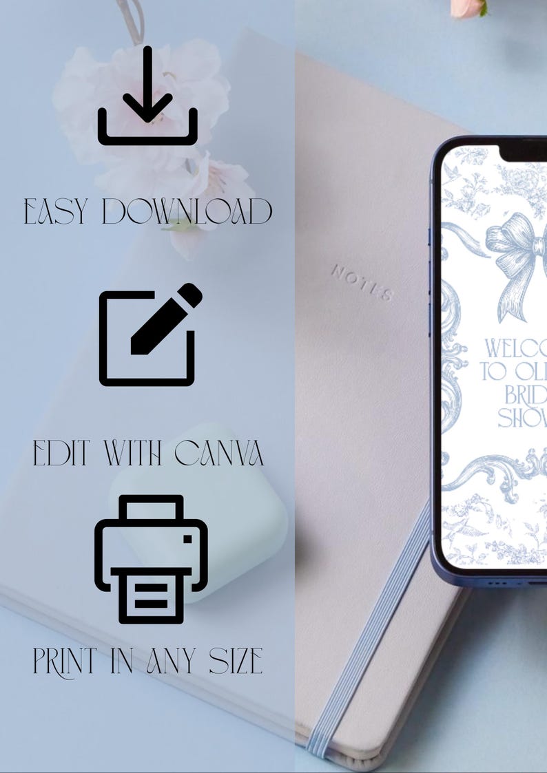 Blue Petal Ribbon Bridal Shower Invitation & Welcome Sign | Editable ...