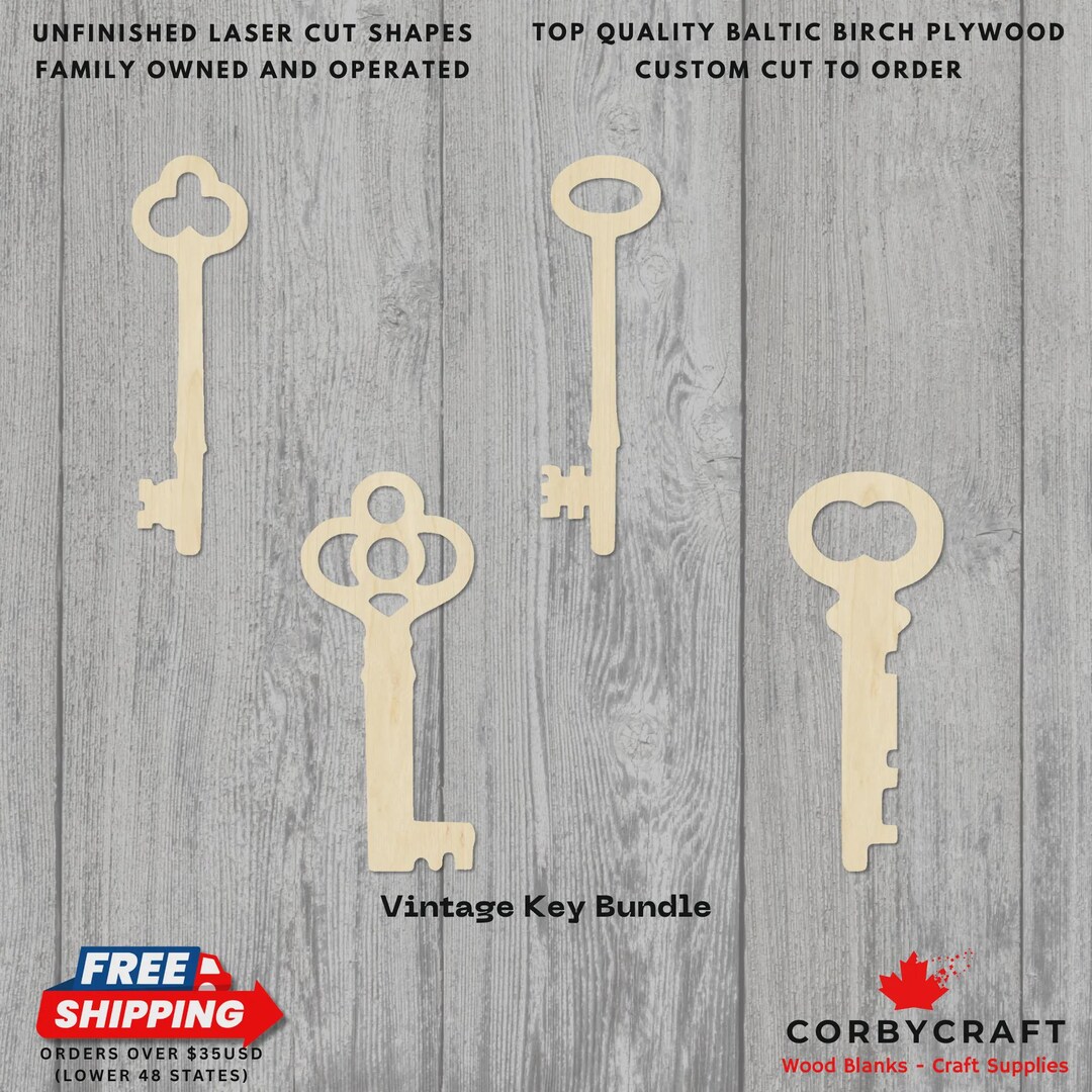 Vintage Key Bundle Wood Cutouts | Laser Cut Baltic Birch Skeleton Keys ...