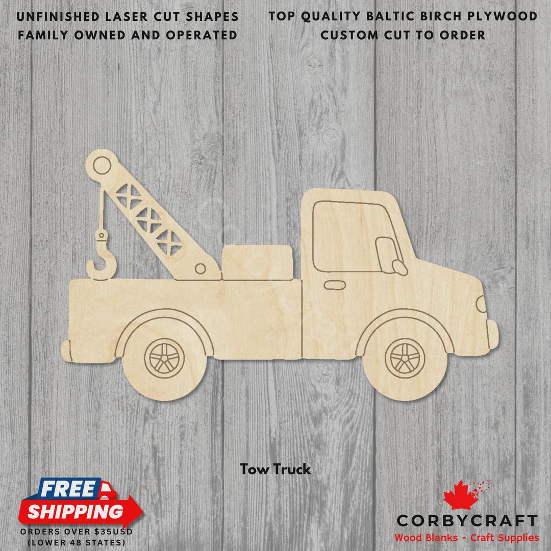 Wooden Toy Tow Truck Blanks | Laser Cut Baltic Birch Cartoon Tow Truck ...