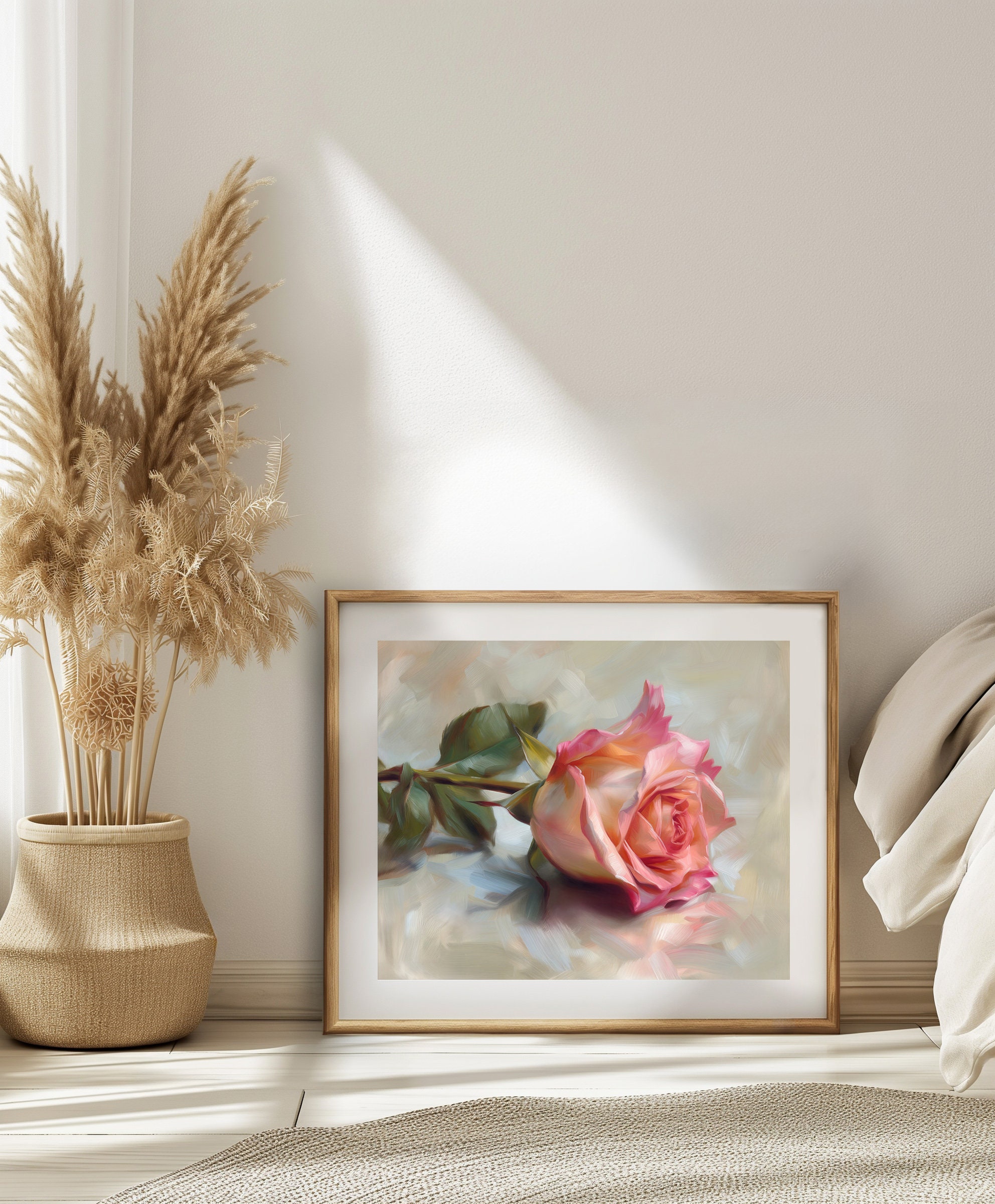 Pink Rose Flower Wall Art Rose Oil Painting Style Wall Art Botanical ...