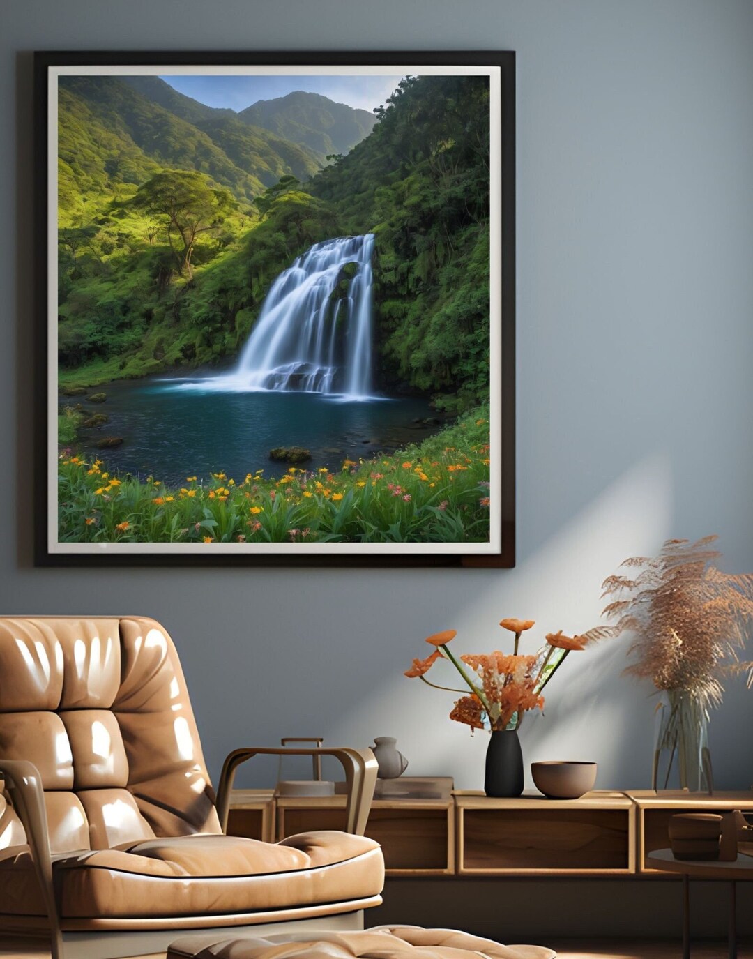 Waterfall With Lake Poster, Nature Inspired Painting, Lake Painting ...