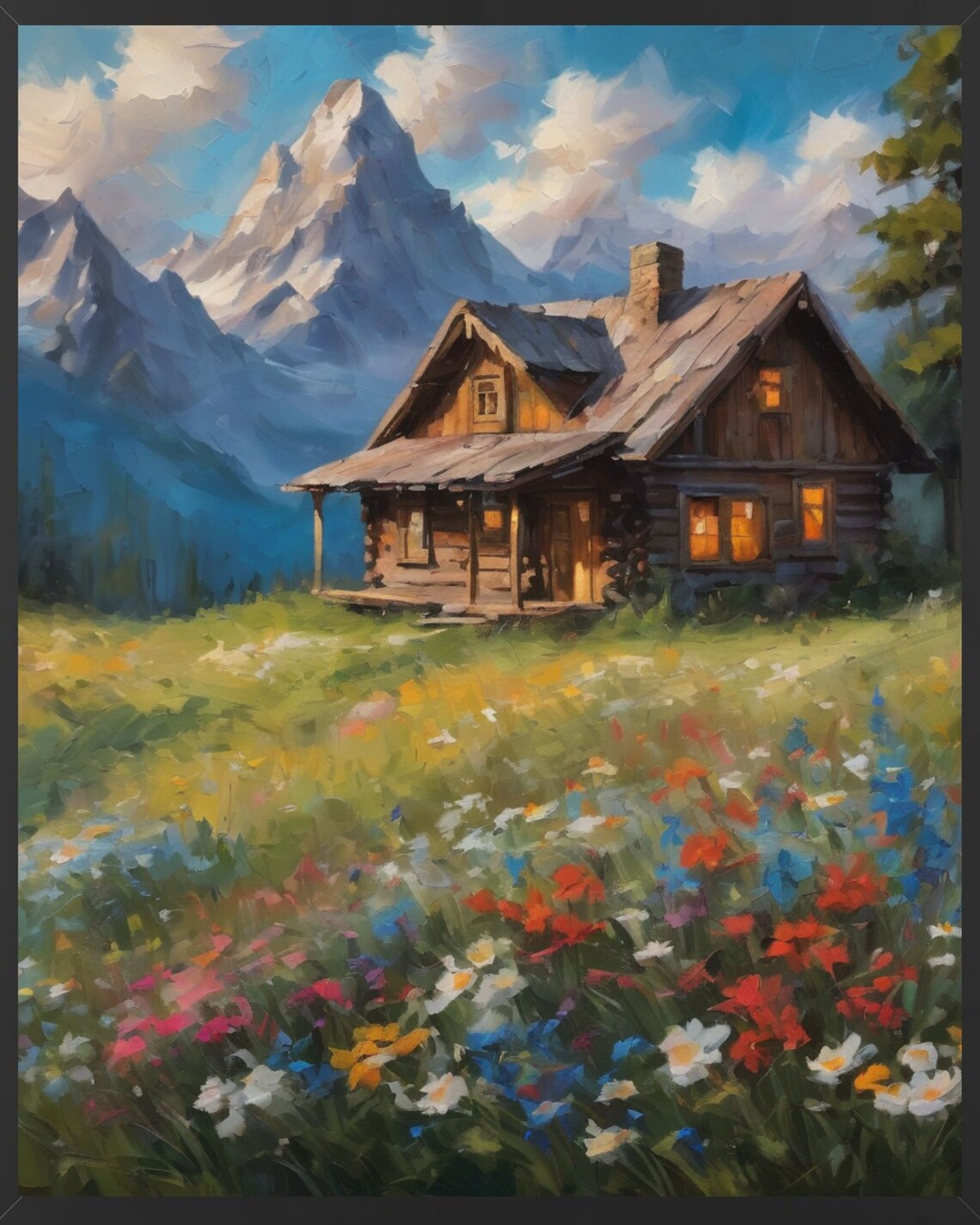 Rustic Cabin Digital Art Work, Rustic Mountain Oil Painting Art ...