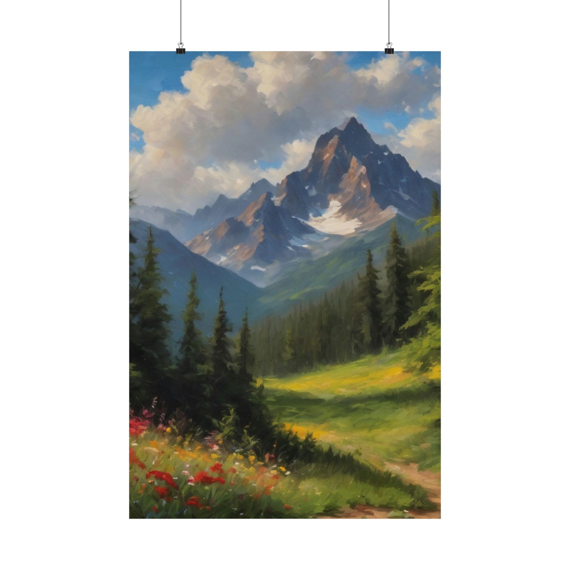 Mountain Meadow Oil Painting Poster, Mountain View Poster, Meadow Wall ...