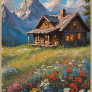 Rustic Cabin Digital Art Work, Rustic Mountain Oil Painting Art ...