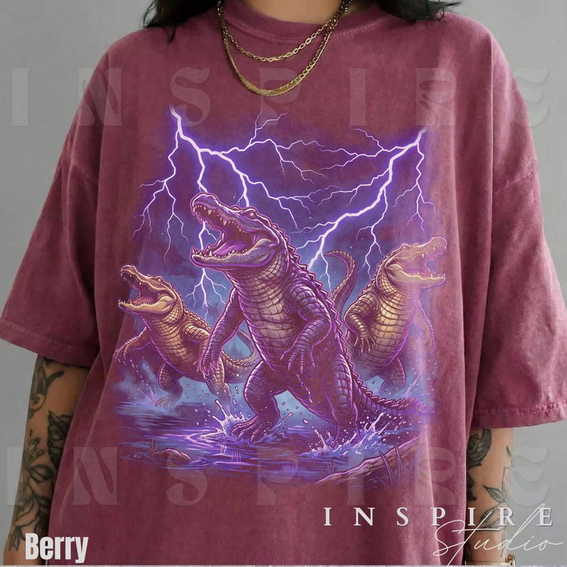 Lightning Alligator T-shirt, Storm Gator Graphic Tee, Vintage Dark Meme ...