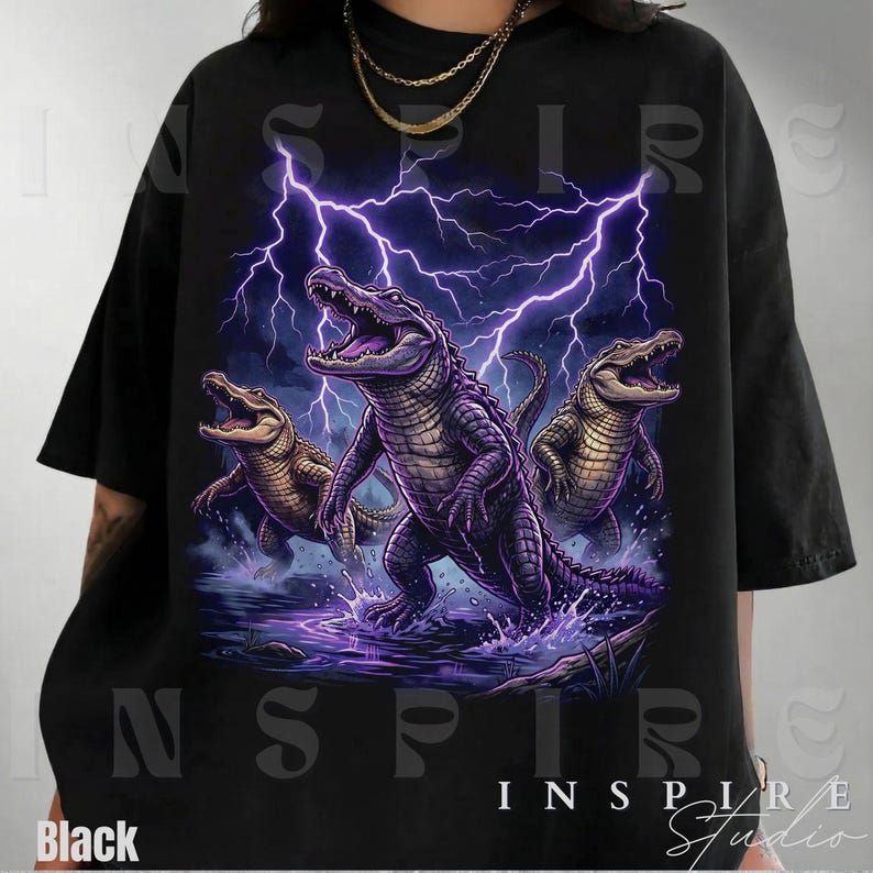 Lightning Alligator T-shirt, Storm Gator Graphic Tee, Vintage Dark Meme ...