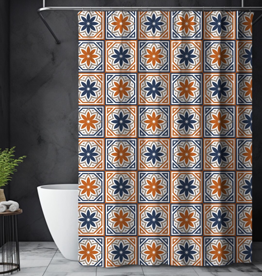 Shower Curtain | Tile Pattern in Orange, Indigo, Warm Taupe, Cocoa ...