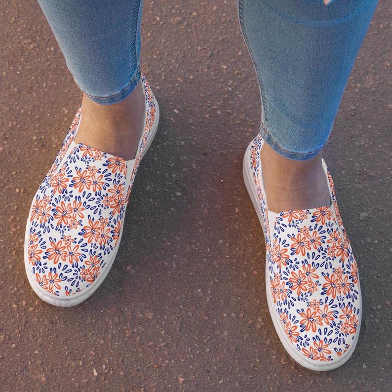 Slip on Canvas Blue Orange Floral Whimsical Boho Spring Summer Cute ...