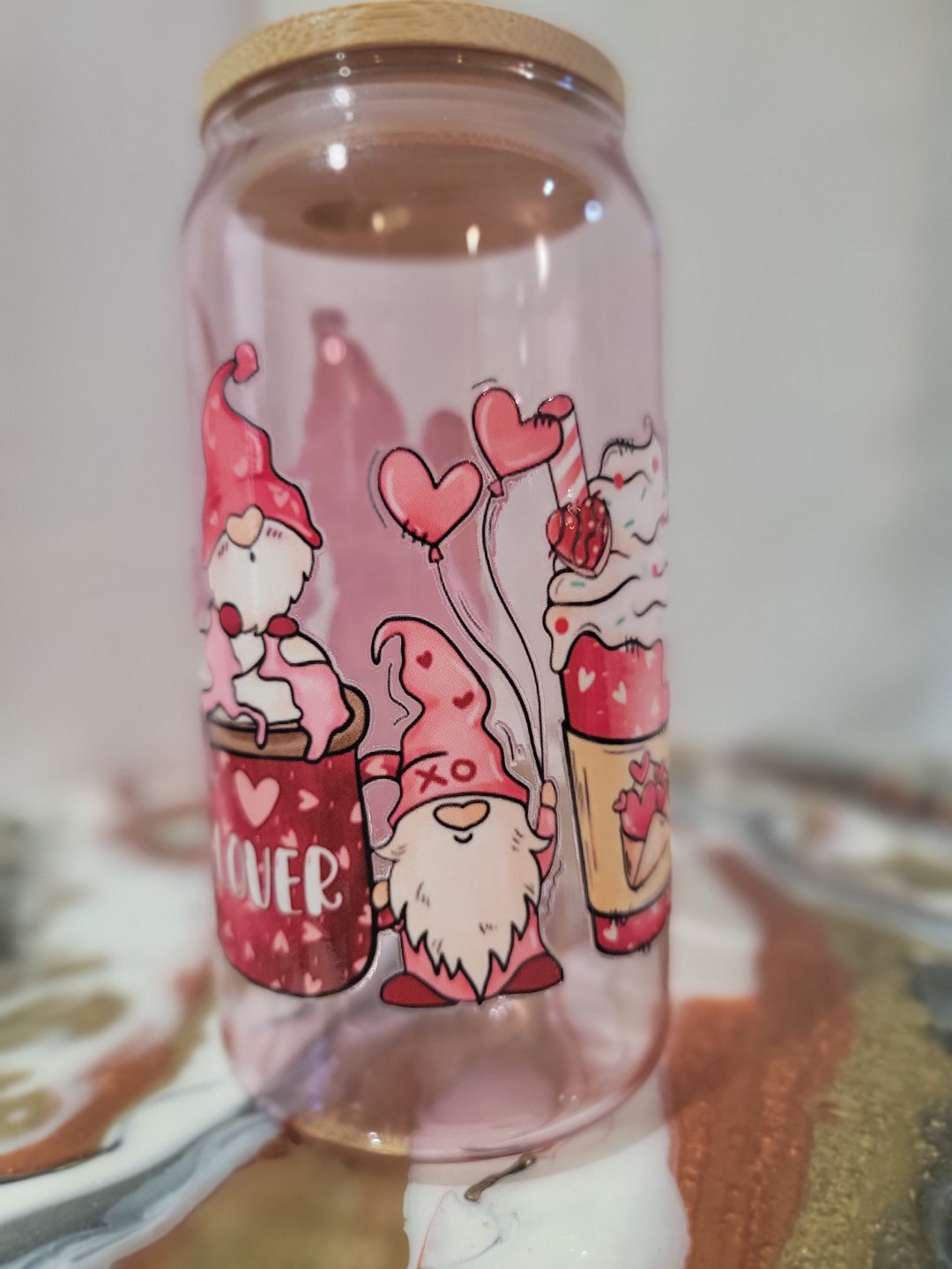 Valentine Themed 16oz Pink Glass Cup With Lid & Straw Beautiful Glass ...